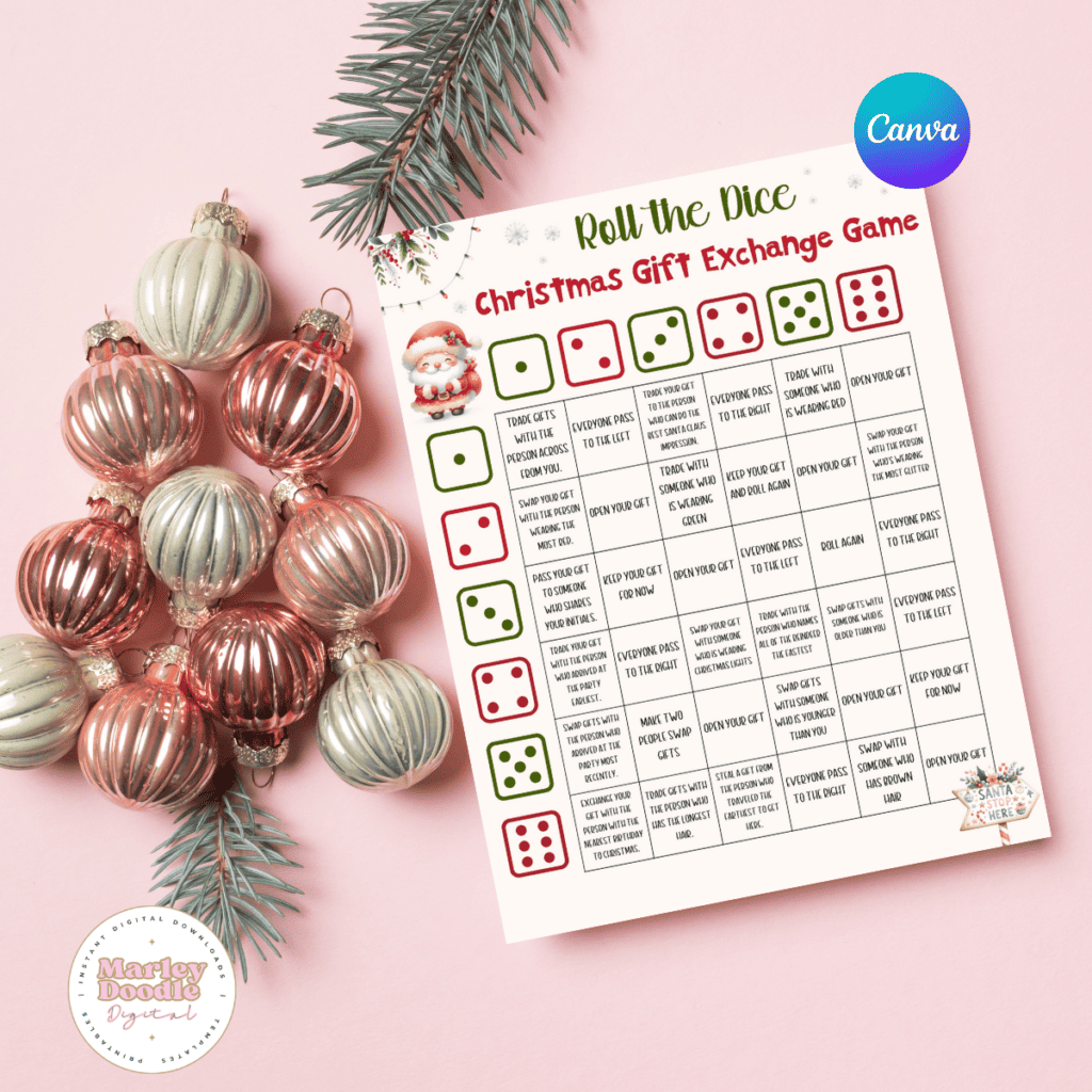 Christmas Gift Exchange Dice Game + Fun Printables - Marley Doodle Digital