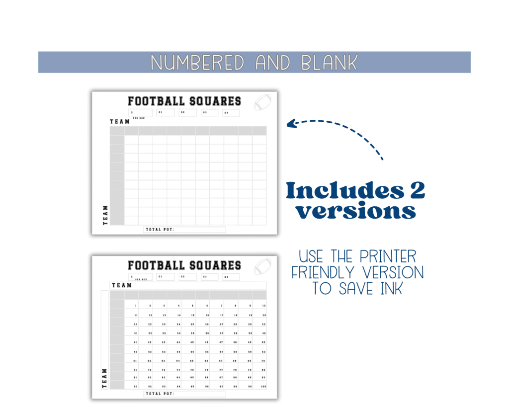 100 Grid Football Squares Template - Marley Doodle Digital