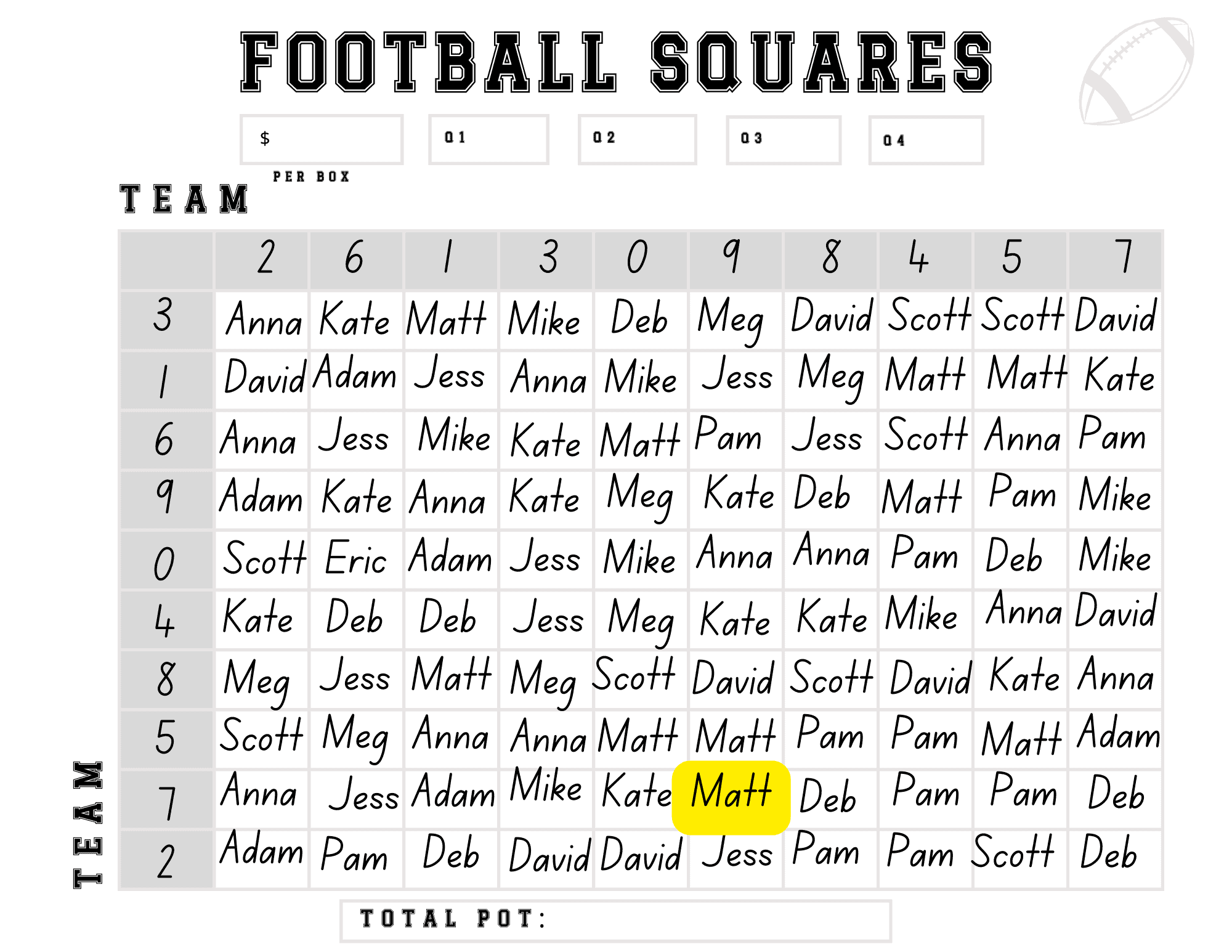 Free Printable Football Squares 100 Grid Template - Marley Doodle Digital