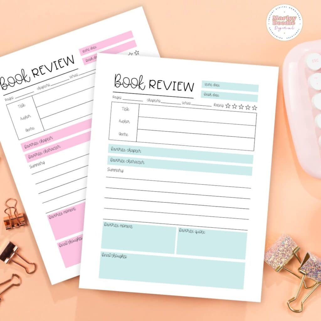 Book Review Template Printable for Kids and Adults - Marley Doodle Digital