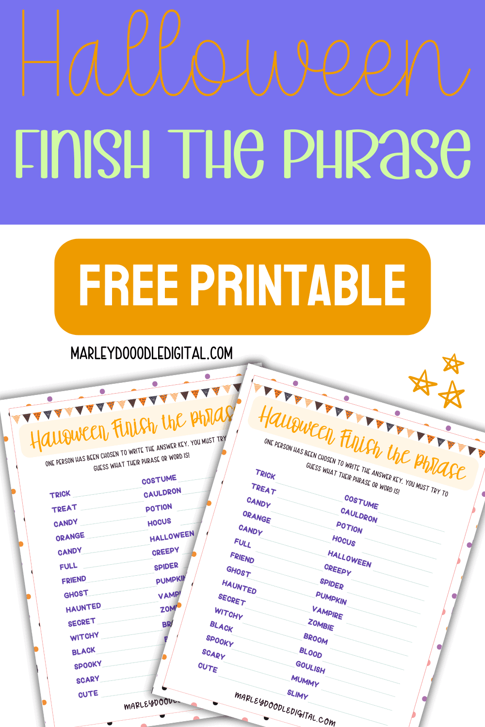 Free and Fun Halloween Finish the Phrase Party Game - Marley Doodle Digital