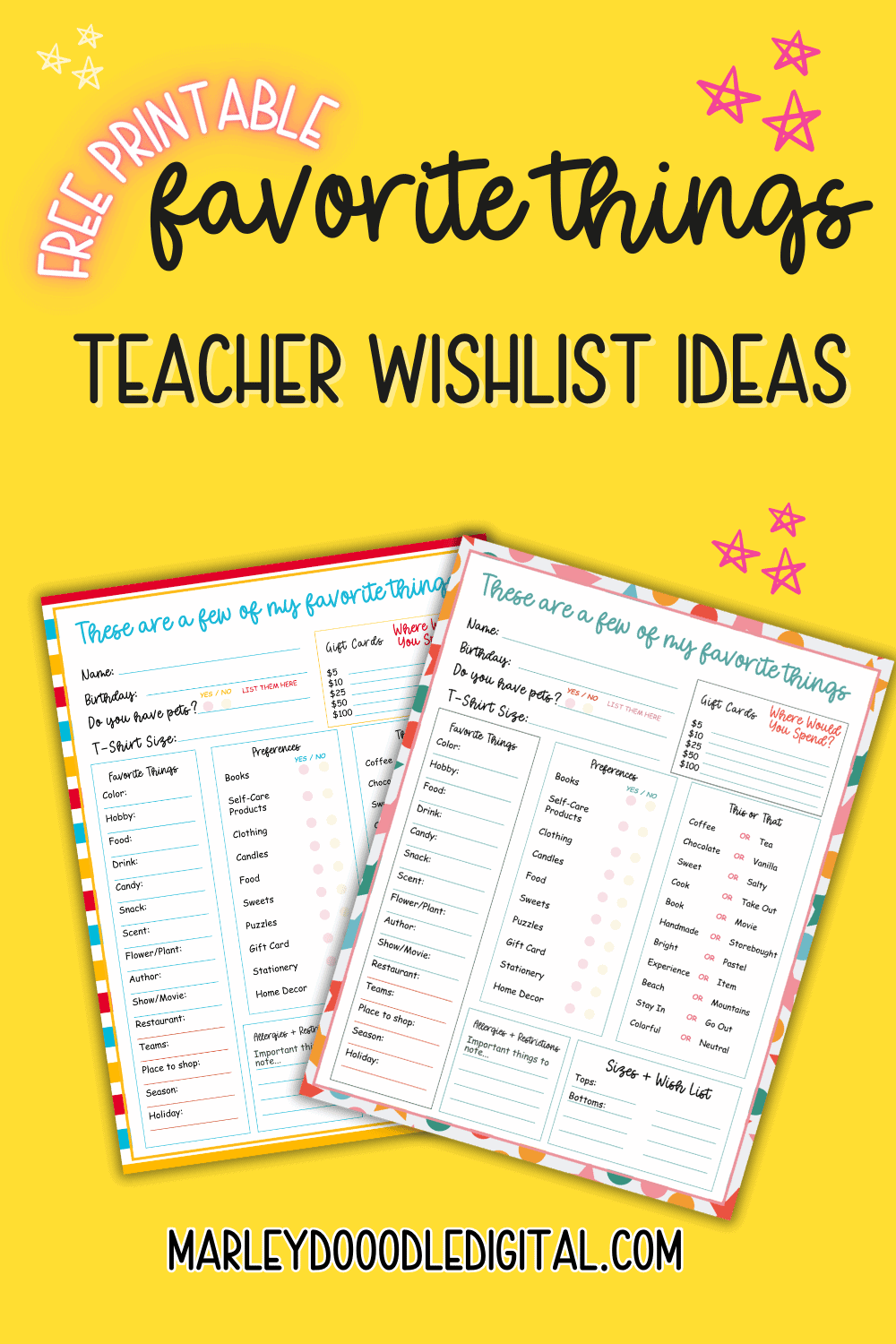 2 Cute Free Teacher Favorite Things Printable Questionnaires - Marley ...