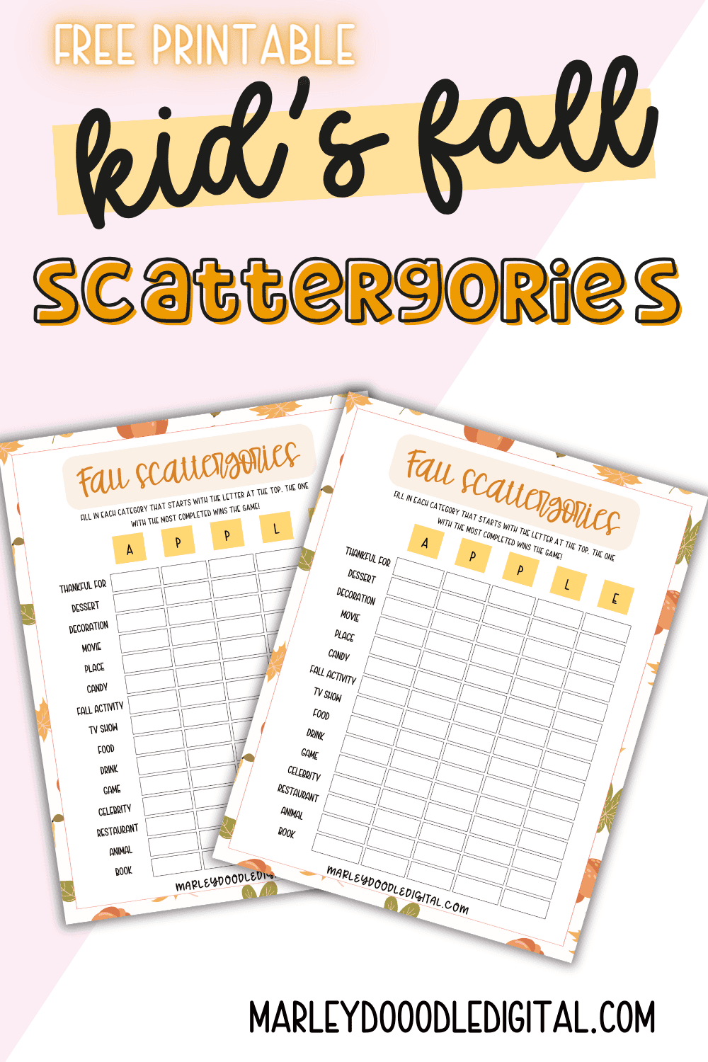 Festive Fall Scattergories Game (Free Printable) - Marley Doodle Digital