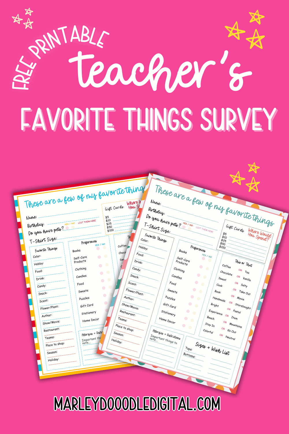 2 Cute Free Teacher Favorite Things Printable Questionnaires - Marley ...