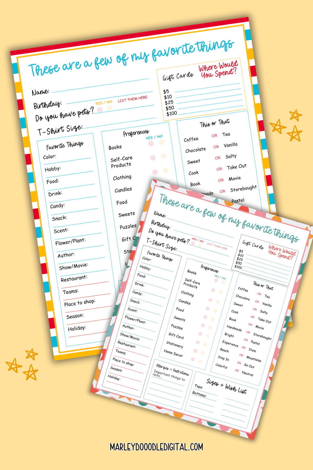2 Cute Free Teacher Favorite Things Printable Questionnaires - Marley ...