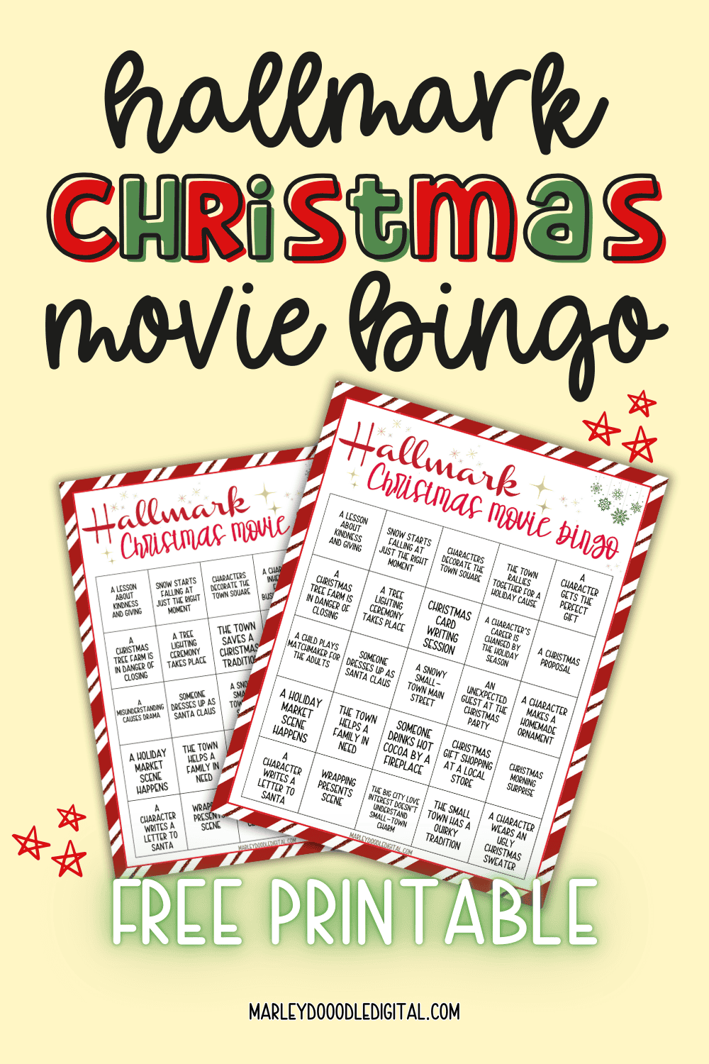 Free Printable Hallmark Christmas Movie Bingo Cards - Marley Doodle Digital