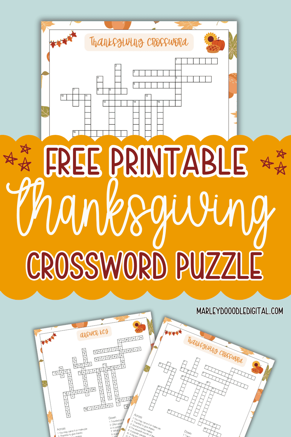 Fun Free Printable Thanksgiving Crossword Puzzle (With Key) - Marley ...