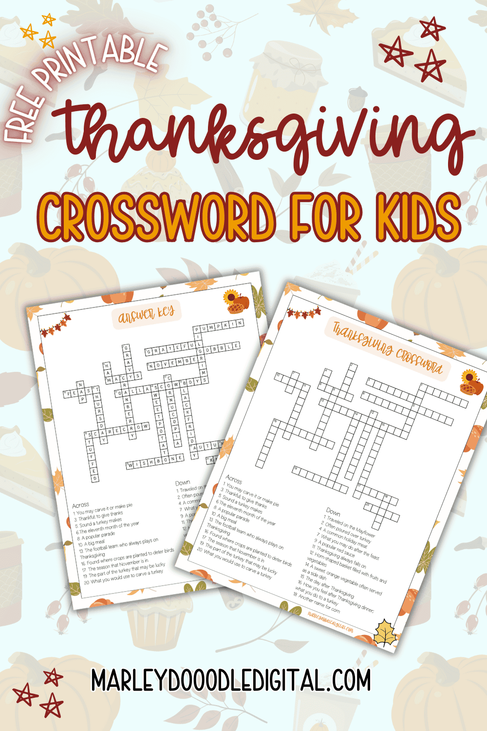 Fun Free Printable Thanksgiving Crossword Puzzle (With Key) - Marley ...