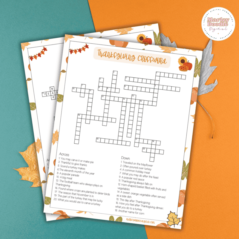 Fun Free Printable Thanksgiving Crossword Puzzle (With Key) - Marley ...