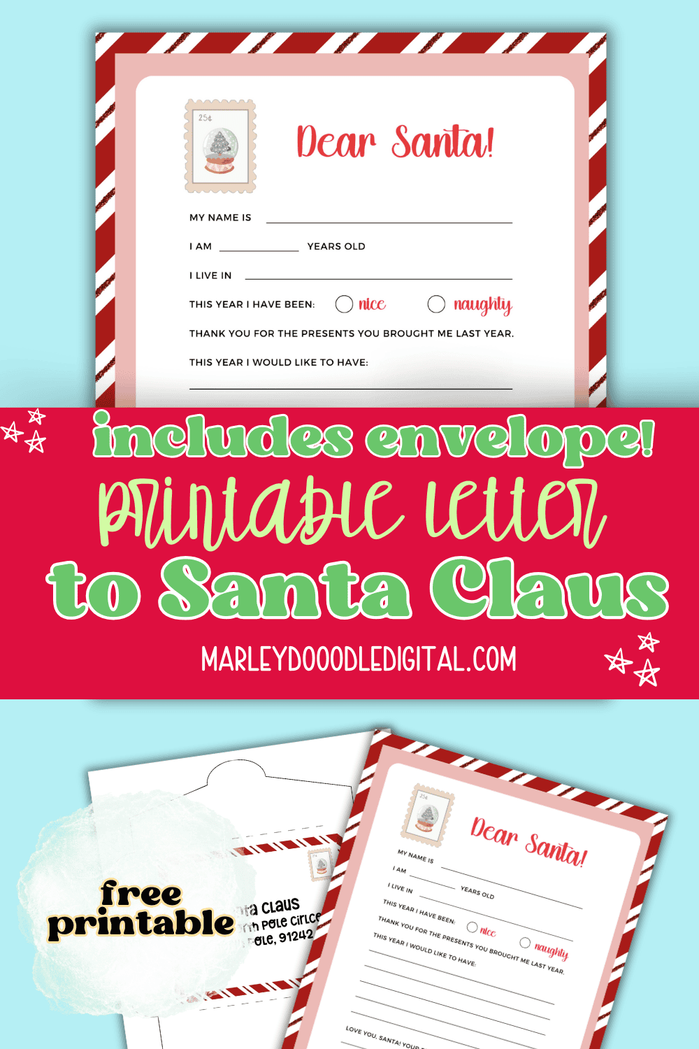 Free Printable Letter to Santa Claus and Envelope - Marley Doodle Digital
