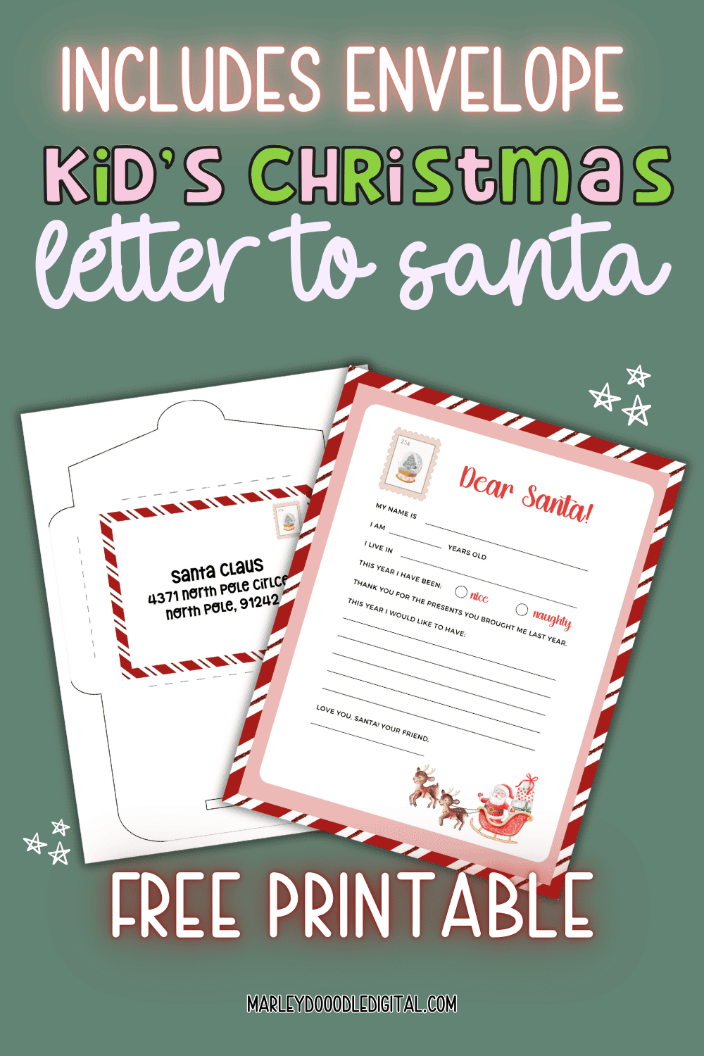 Free Printable Letter to Santa Claus and Envelope - Marley Doodle Digital