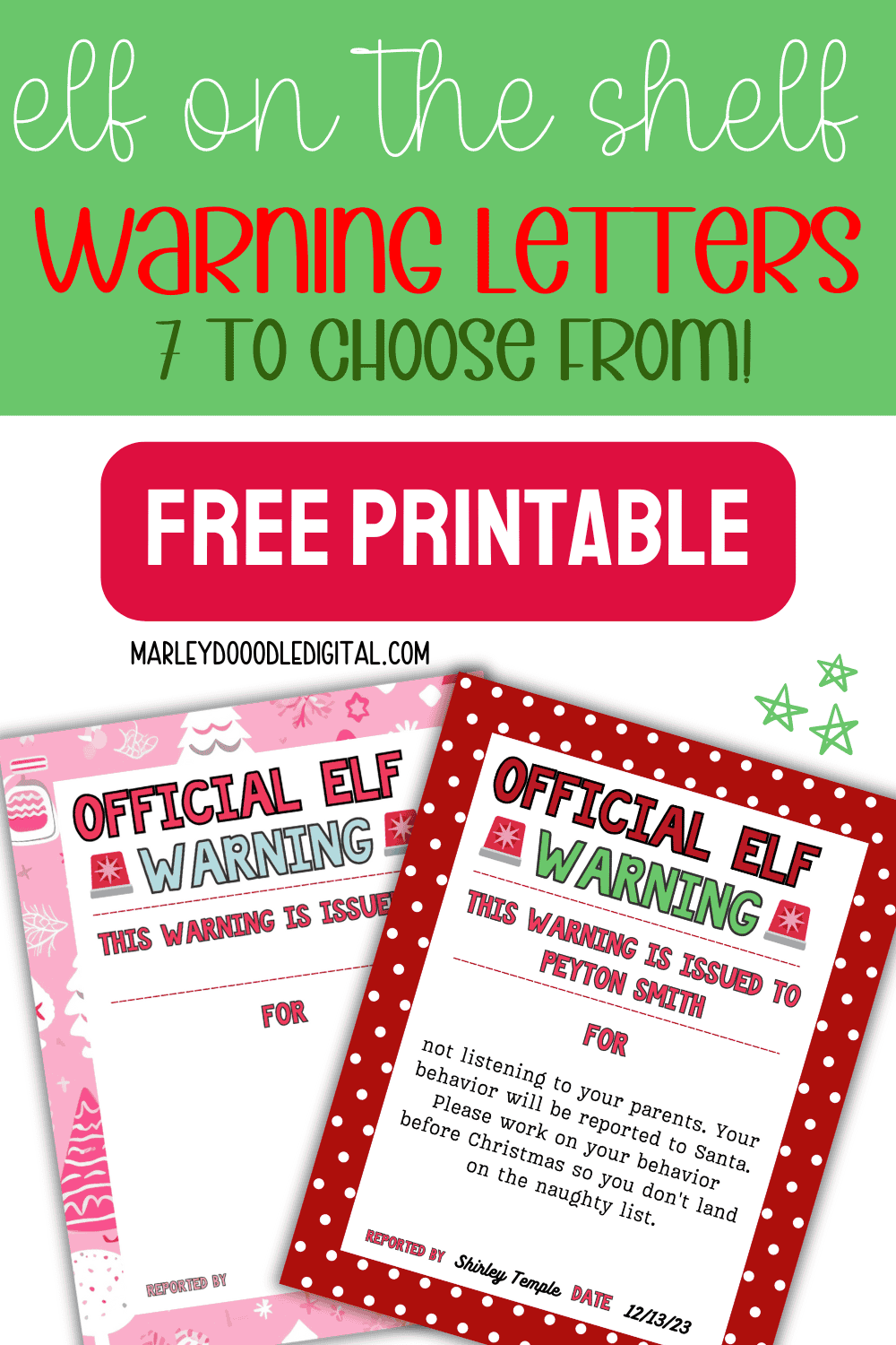 Free Official Elf Warning Letter Printable for Bad Behavior - Marley ...