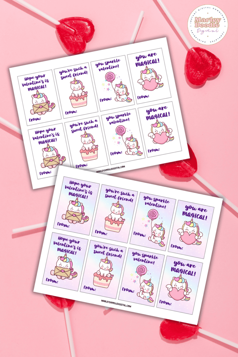Magical Free Printable Unicorn Valentine Cards - Marley Doodle Digital