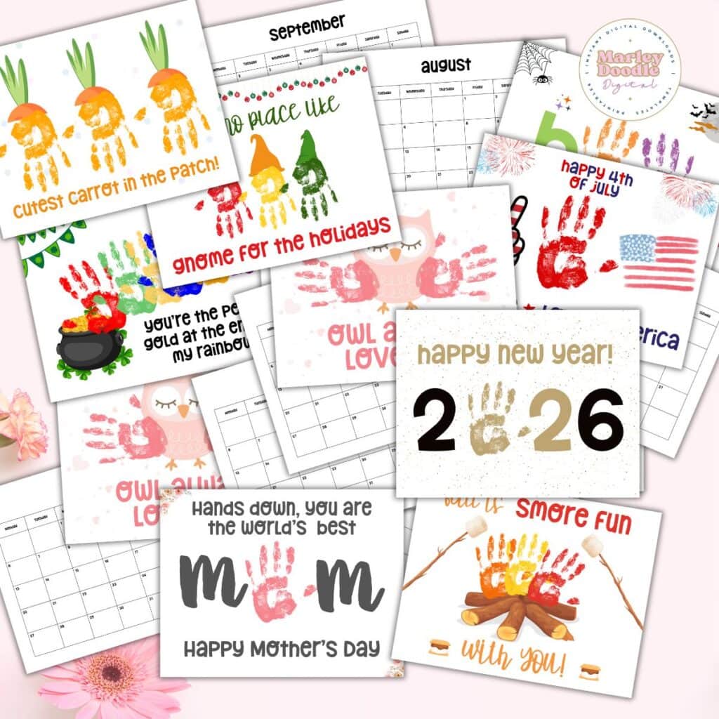2026 Cute & Free 12 Month Handprint Art Calendar - Marley Doodle Digital