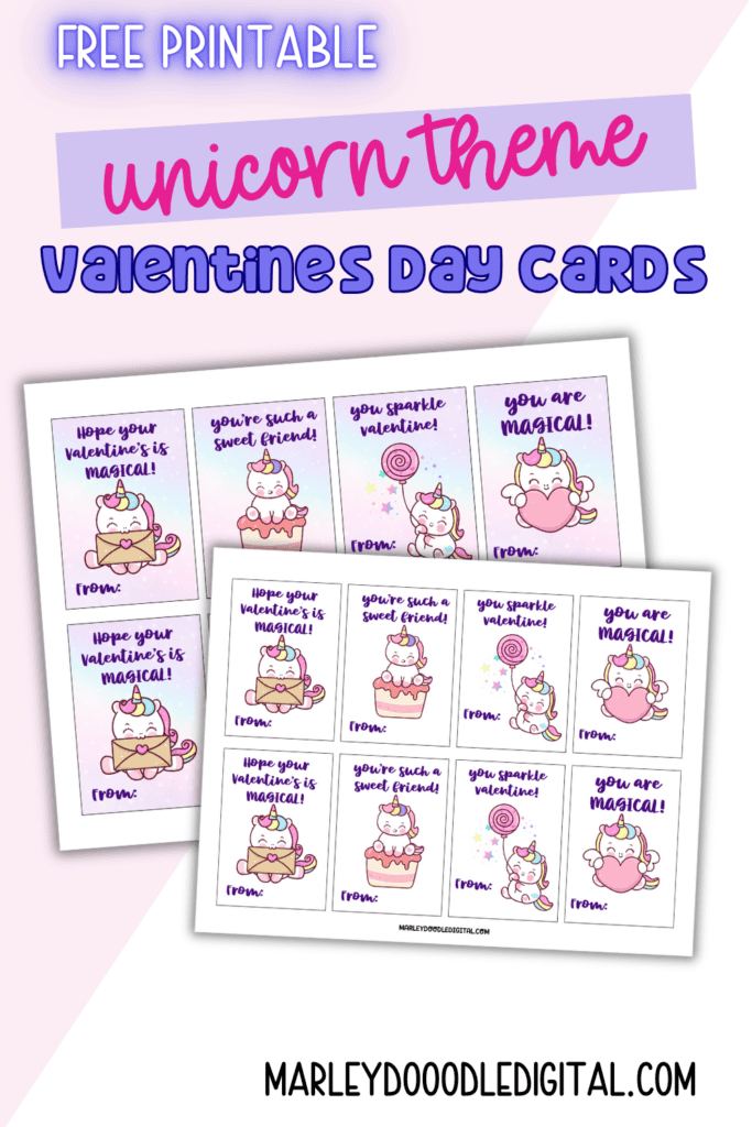 Magical Free Printable Unicorn Valentine Cards - Marley Doodle Digital