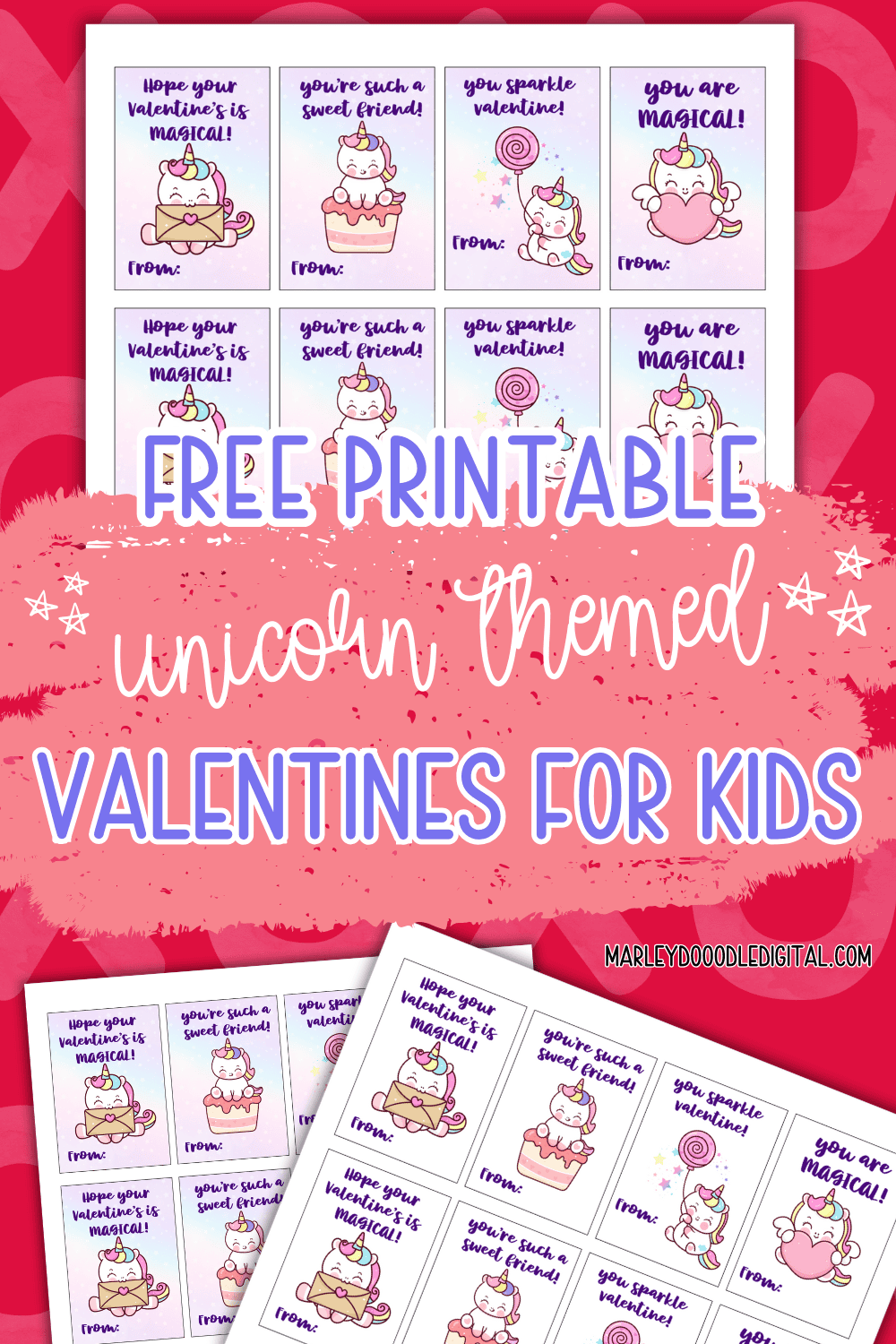 Magical Free Printable Unicorn Valentine Cards - Marley Doodle Digital