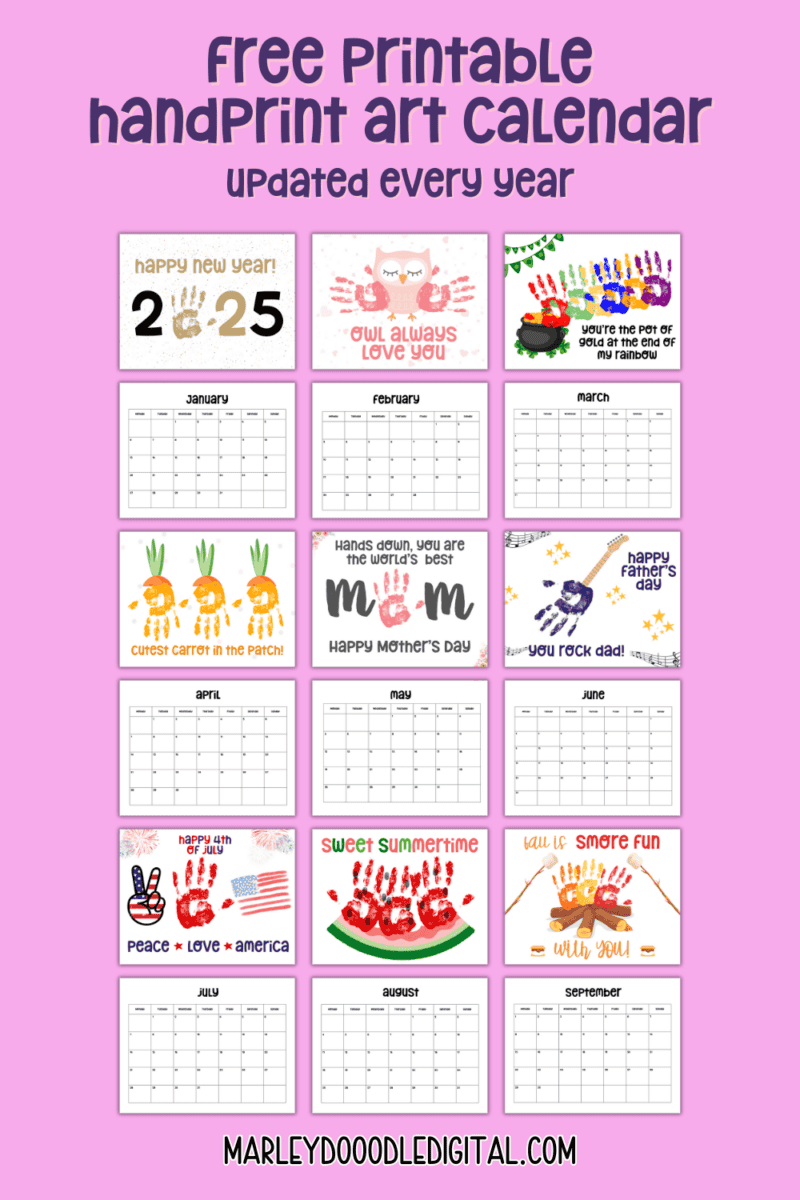2025 Cute & Free 12 Month Handprint Art Calendar - Marley Doodle Digital
