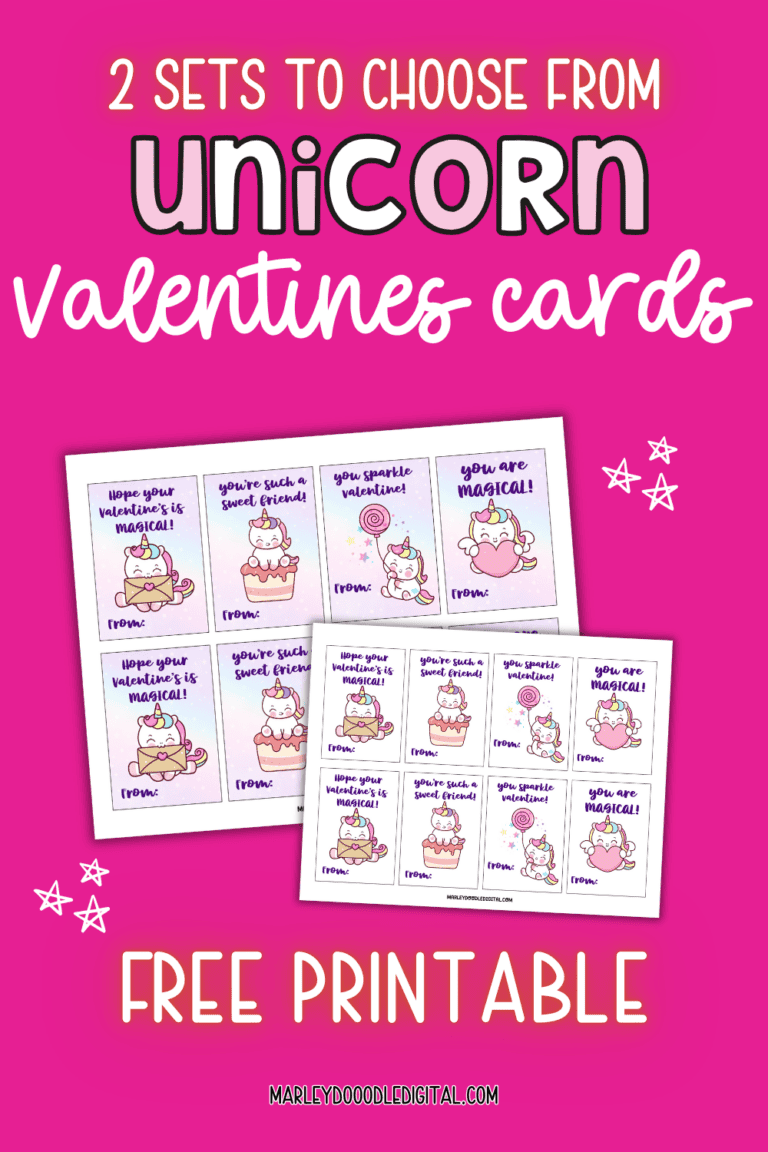 Magical Free Printable Unicorn Valentine Cards - Marley Doodle Digital