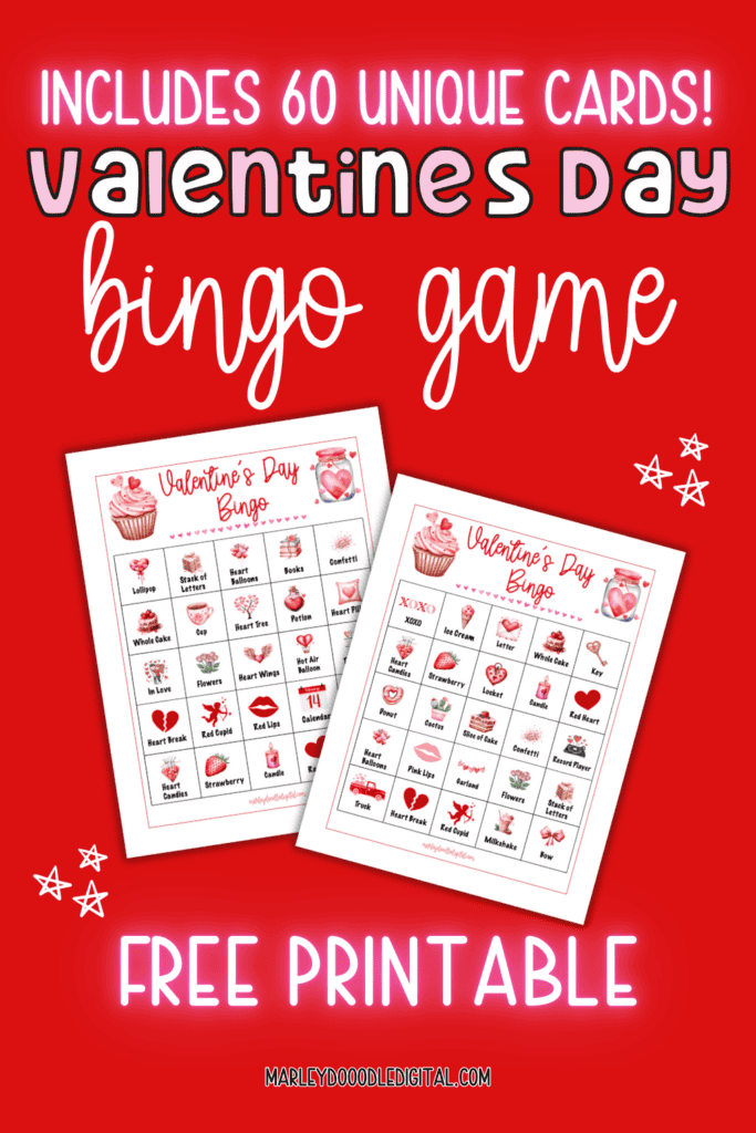 Free Printable Valentine Bingo Game with 60 Unique Cards! - Marley ...