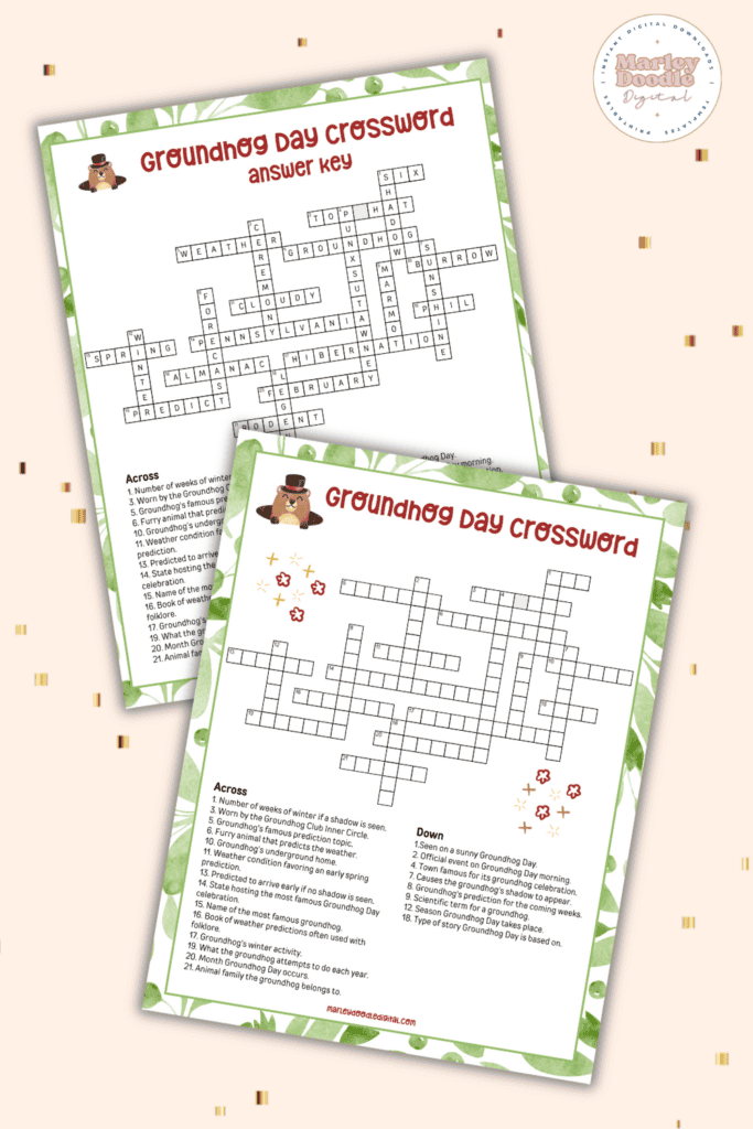 Fun Groundhog Day Crossword Puzzle (Free!) - Marley Doodle Digital