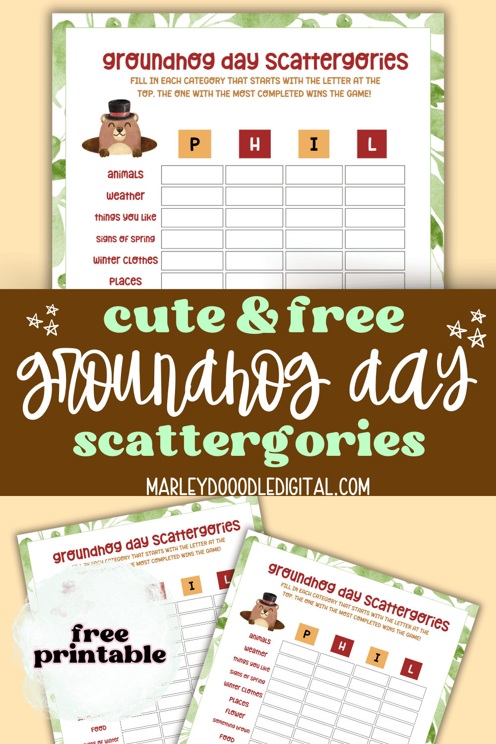 Printable Groundhog Day Scattergories Game - Marley Doodle Digital