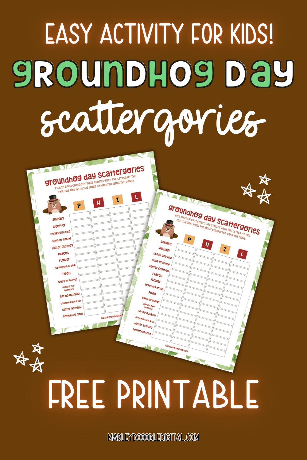 Printable Groundhog Day Scattergories Game - Marley Doodle Digital