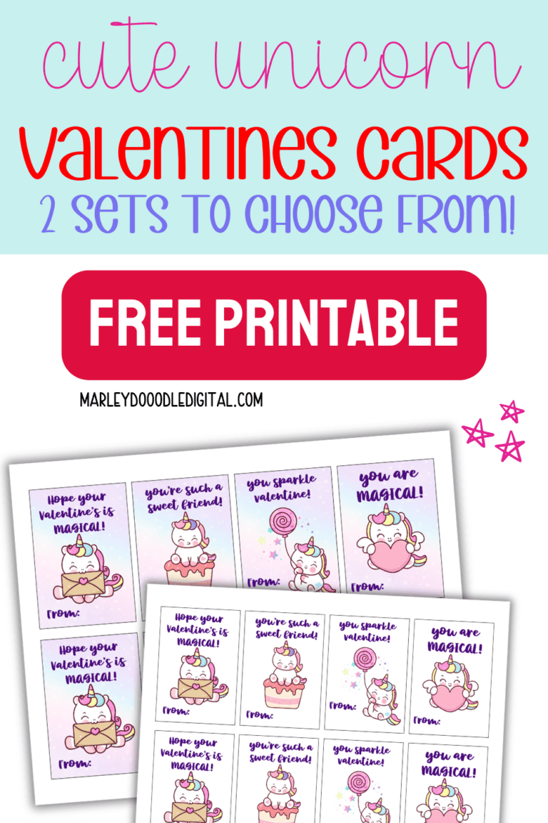 Magical Free Printable Unicorn Valentine Cards - Marley Doodle Digital