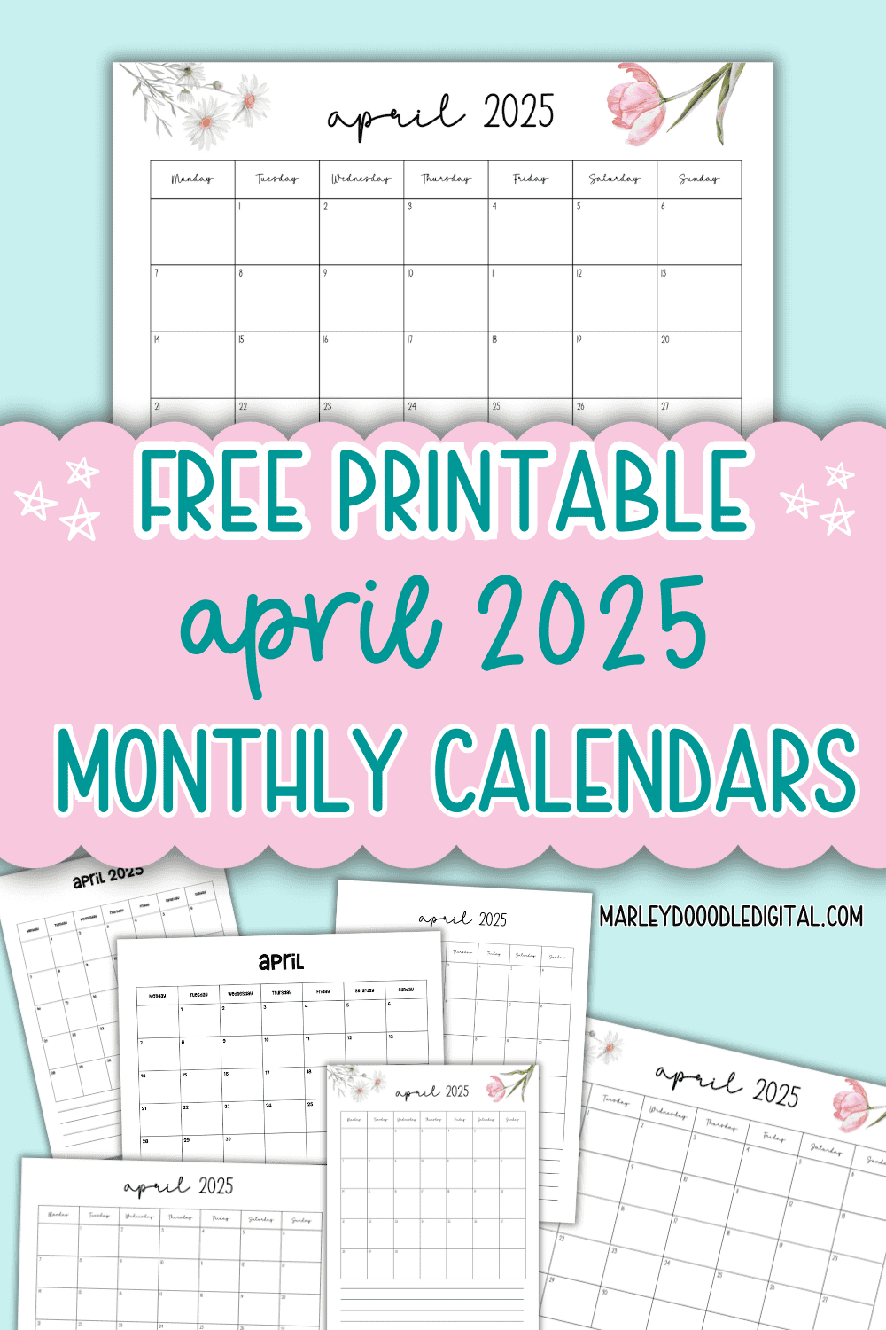 April Monthly Calendar Printables - Marley Doodle Digital
