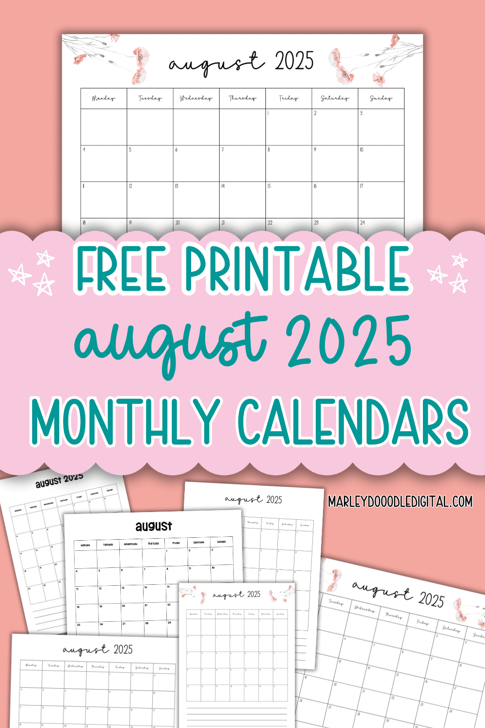 August Monthly Calendar Printables - Marley Doodle Digital