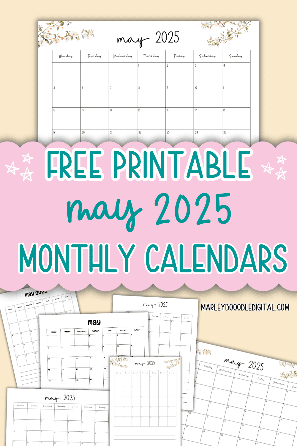 May Monthly Calendar Printables - Marley Doodle Digital