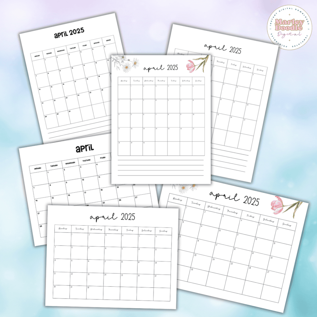 April Monthly Calendar Printables - Marley Doodle Digital