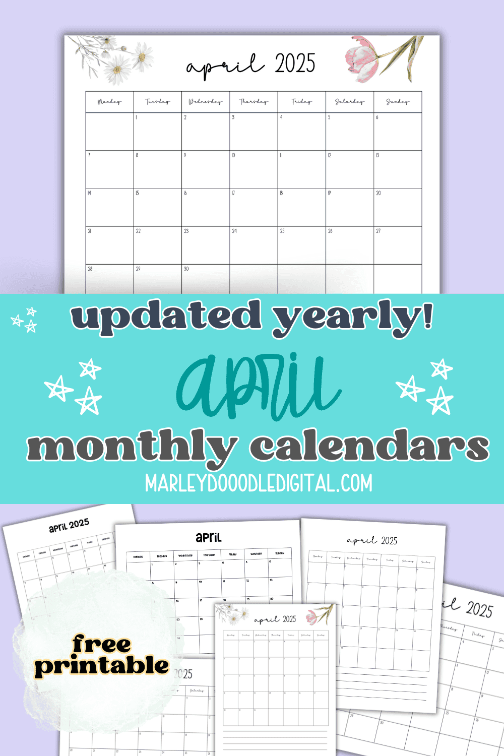 April Monthly Calendar Printables - Marley Doodle Digital