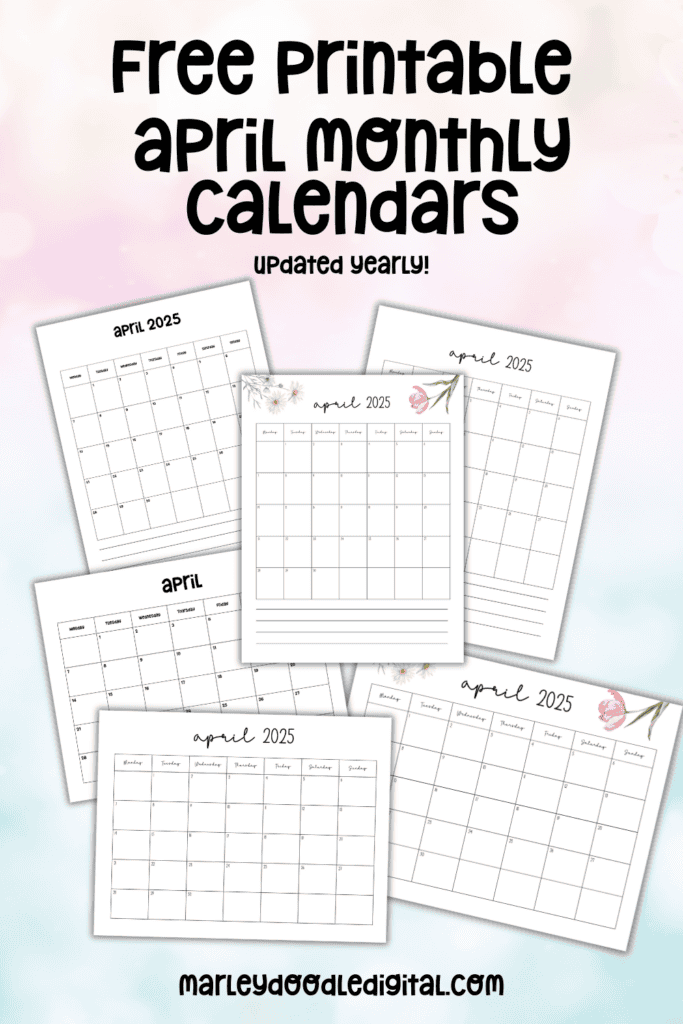 April Monthly Calendar Printables - Marley Doodle Digital