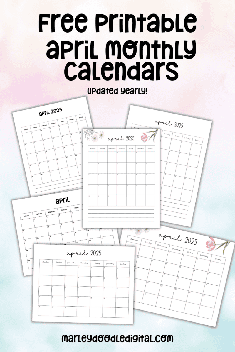 April Monthly Calendar Printables - Marley Doodle Digital