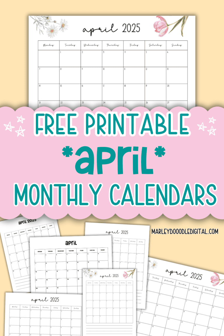 April Monthly Calendar Printables - Marley Doodle Digital