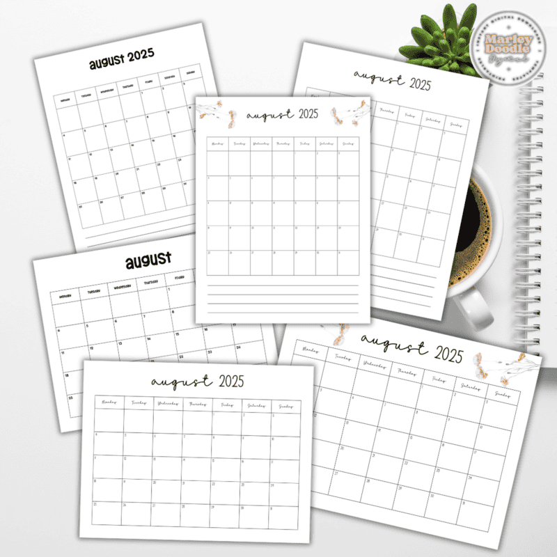 August Monthly Calendar Printables - Marley Doodle Digital
