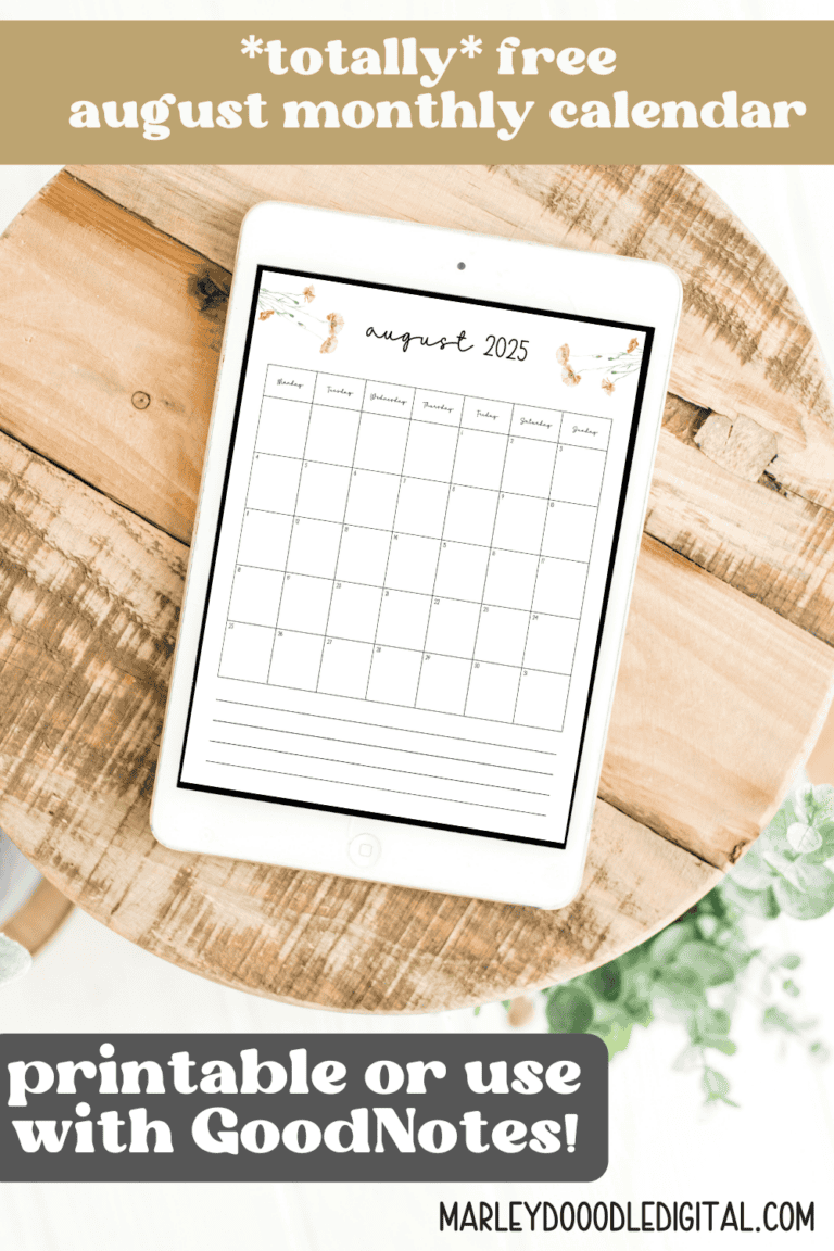 August Monthly Calendar Printables - Marley Doodle Digital