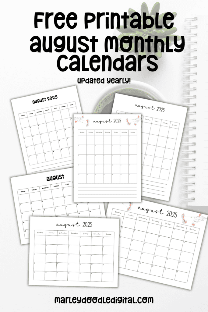 August Monthly Calendar Printables - Marley Doodle Digital