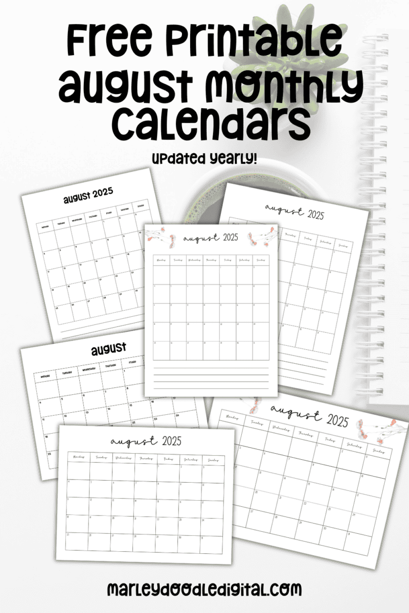 August Monthly Calendar Printables - Marley Doodle Digital