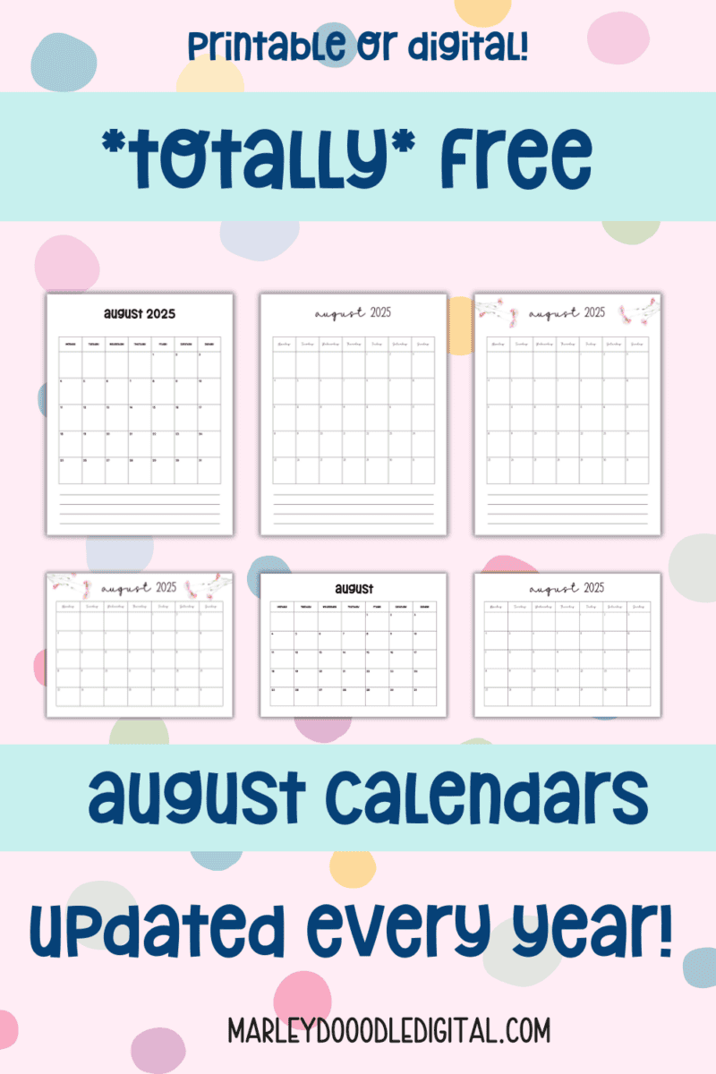 August Monthly Calendar Printables - Marley Doodle Digital