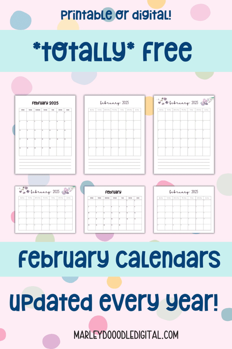 February Monthly Calendar Printables - Marley Doodle Digital