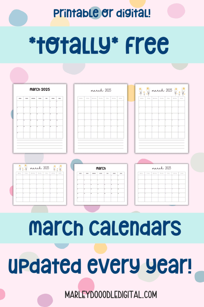 March Monthly Calendar Printables - Marley Doodle Digital