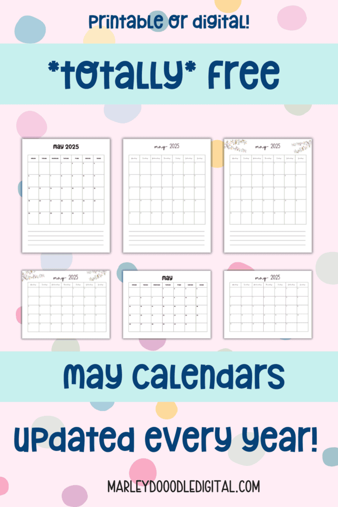 May Monthly Calendar Printables - Marley Doodle Digital