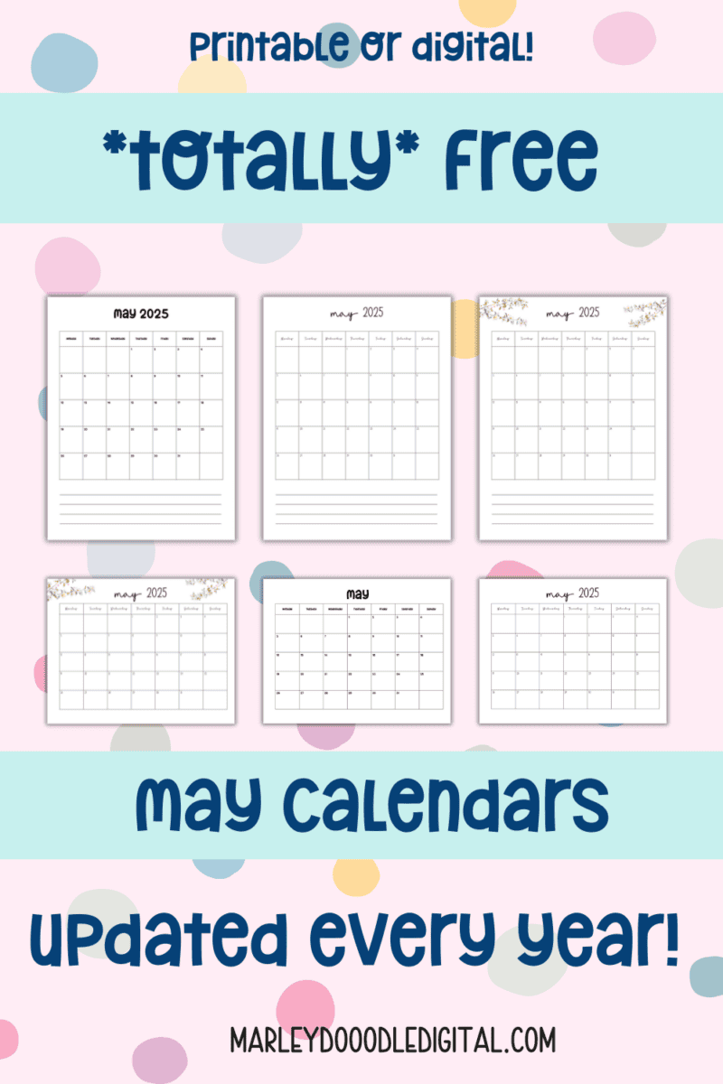 May Monthly Calendar Printables - Marley Doodle Digital