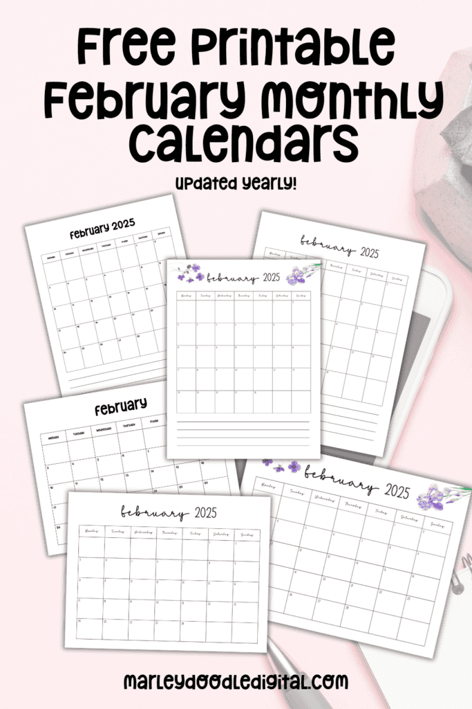 February Monthly Calendar Printables - Marley Doodle Digital