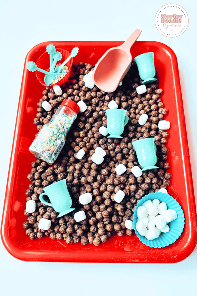 Hot Cocoa Sensory Bin (Easy Winter Toddler Idea!) - Marley Doodle Digital