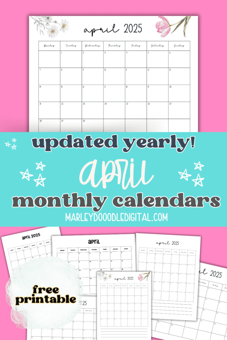 April Monthly Calendar Printables - Marley Doodle Digital