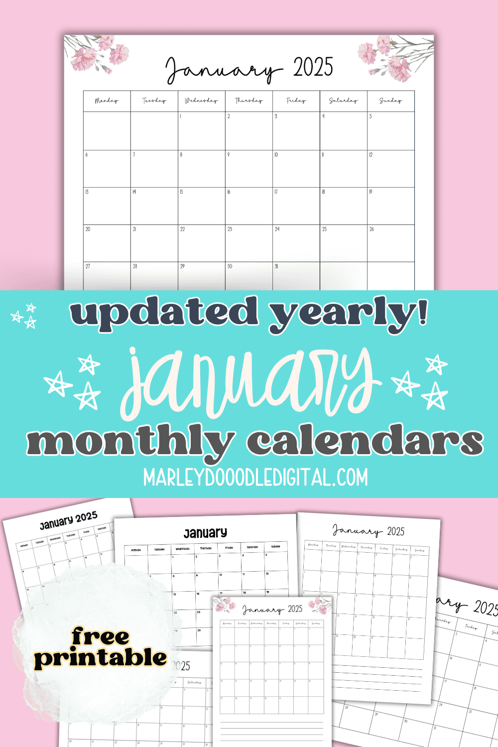 January Monthly Calendar Printables 2026 - Marley Doodle Digital