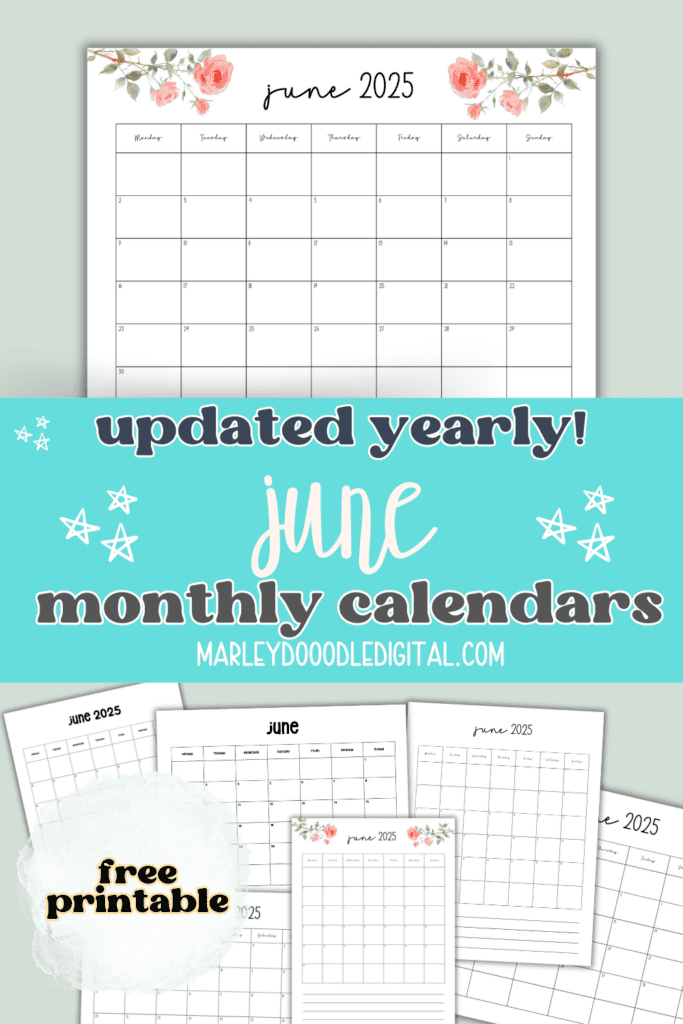 June Monthly Calendar Printables - Marley Doodle Digital