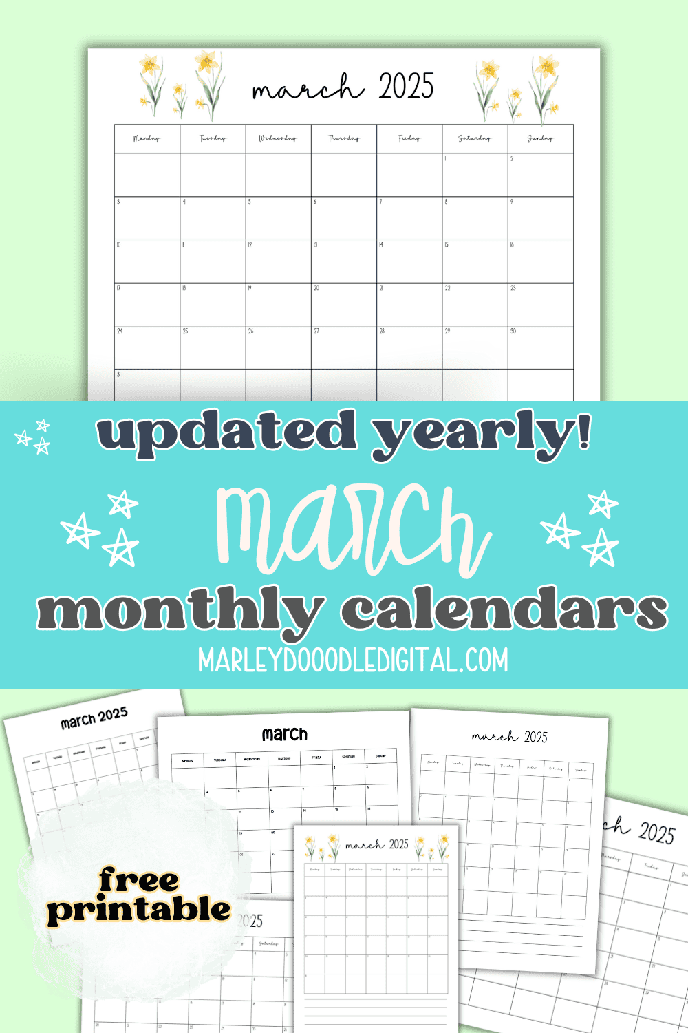 March Monthly Calendar Printables - Marley Doodle Digital